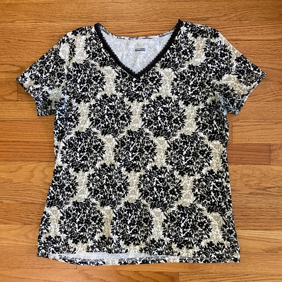 Basic Editions | Tops | Basic Editions Shirt Womens Xl Black Tan White Floral Flower Tee V Neck ...